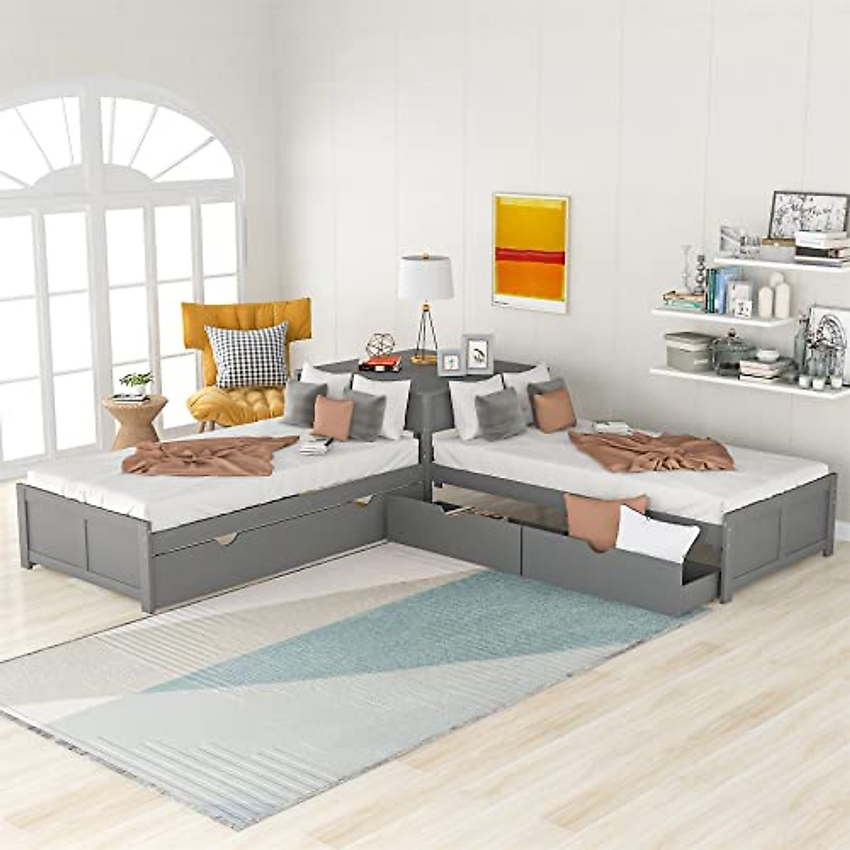 Harper & Bright Designs L-Shaped Platform Bed with Trundle, Wooden Corner Daybed with Storage Drawers and Desk, 3 Beds for Kids Teens Bedroom Furniture (Twin, Gray)