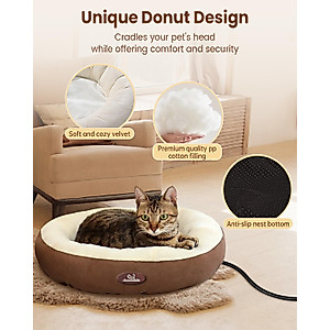 clawsable Heated Cat Bed for Small Medium Size Cats, Super Soft Round Heated Pet Bed with Warming Temperature Cat Bed for Indoor Cats, Electric Cat Heating Bed for Kittens (Beige+Brown)