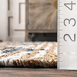 nuLOOM Hand Braided Marla Denim And Jute Diamonds Runner Rug, 2' 6" x 8', Off-white