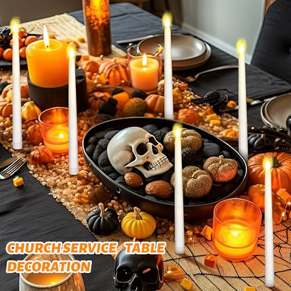 Liliful 24 Pcs Halloween Hanging Floating Candles Flameless LED Taper Candles Magic Hanging Flameless Candles Battery Operated Warm Light for Halloween Party Decor(White, 11.8inch)