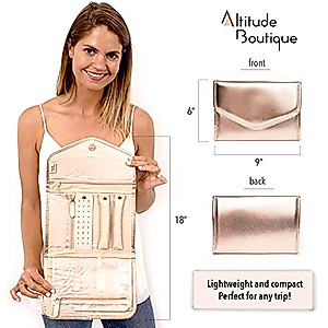 Altitude Boutique Travel Jewelry Organizer Roll Foldable Jewelry Case for Journey Packing Vacation-Rings, Necklaces, Bracelets, Earrings (Rose Gold, Medium)