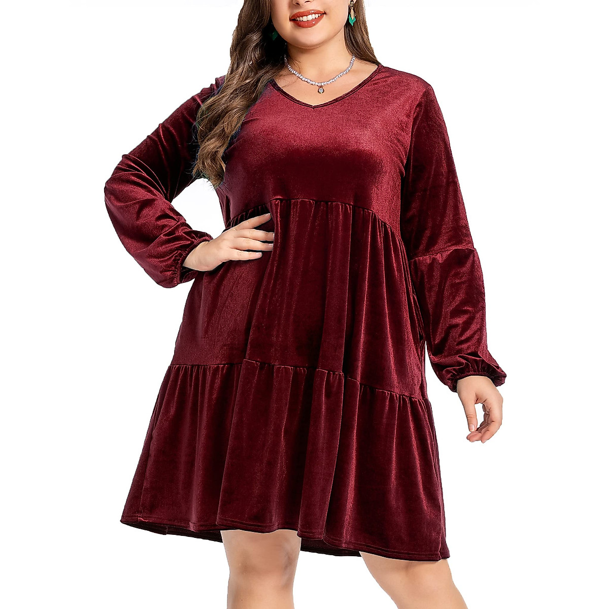 EORANF Womens Plus Size Velvet Dress Long Sleeve Christmas High Waist Dresses Ruched V Neck Tea Party Dress Wine Red 3XL