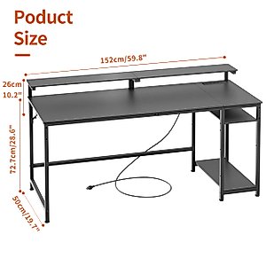 JOISCOPE Home Office Desk with Power Outlets (3AC, USB, Type-C), 60 × 20 Inch Computer Desk with Reversible Shelves, Laptop Table with Display Riser, Gaming Study Drafting Table for Bedroom, Black