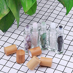 Constore 5 PCS 10ML Gemstone Roller Bottles,Refillable Roll On Bottles with Bamboo Lids Healing Crystal Chips Inside for Perfumes Aromatherapy Oils