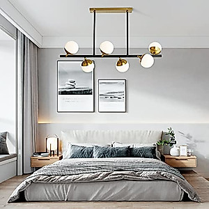 KCO Lighting Mid Century Modern Chandelier Black Gold Globe Pendant Light Fixture 6-Light Industrial Milk Glass Chandelier for Kitchen Island Dining Room