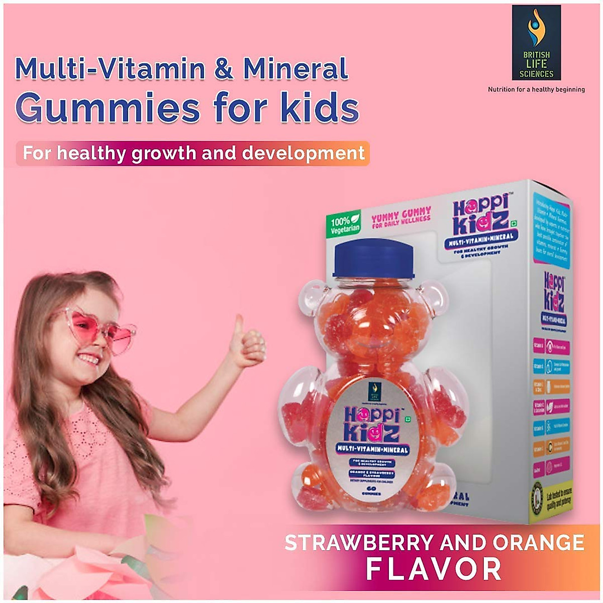 Organic Touch British Life Sciences Happi Kidz Multivitamin Gummies for Kids (60 Gummy Bears) with Vitamins and Minerals for Growth and Immunity, Orange & Strawberry Flavour