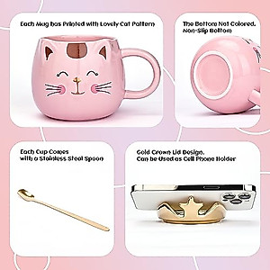 DONGSHANGIFT Cute Cat Mug Set of 4 Crown with Cell Phone Holder Lid for Lovers Ceramic Coffee Cups Women Girls Christmas Birthday Gift 14oz/420ml (4pcs Black White Pink Gray)