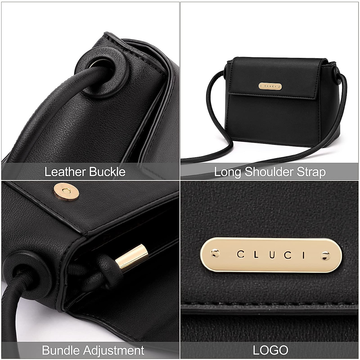 CLUCI Small Crossbody Bags for Women Vegan Leather Flap Shoulder Purse Lightweight Fashion Ladies Travel Bag with Adjustable Strap Black