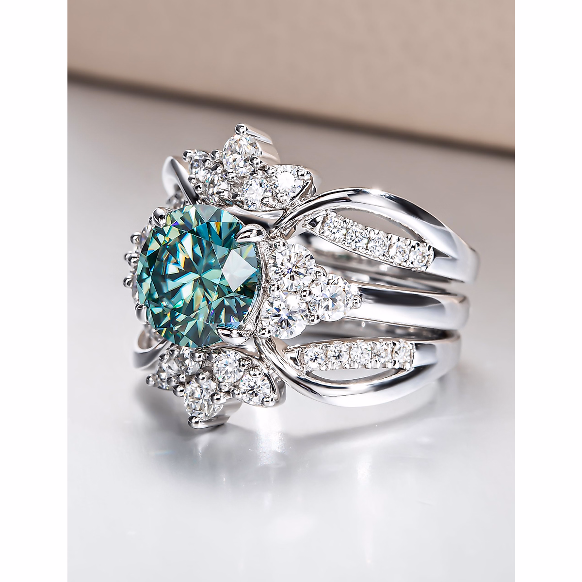 CannyCat Fancy Vivid Blue Green Moissanite Wedding Band Ring Set for Women 4.2 cttw Moissanite Engagement Rings Platinum-Plated Sterling Silver Wrap Guard Enhancers Anniversary Bridal Sets (size-8.5)