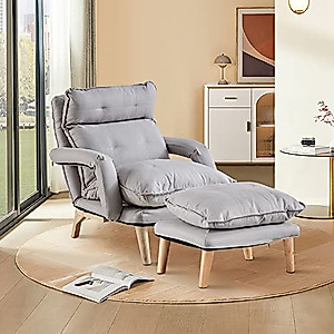 CLIPOP Modern Living Room Accent Chair with Ottoman, Comfy Linen Armchair with Adjustable Backrest(5 Angles), Solid Wood Legs, Leisure Upholstered Single Sofa Chair with Footrest,Grey
