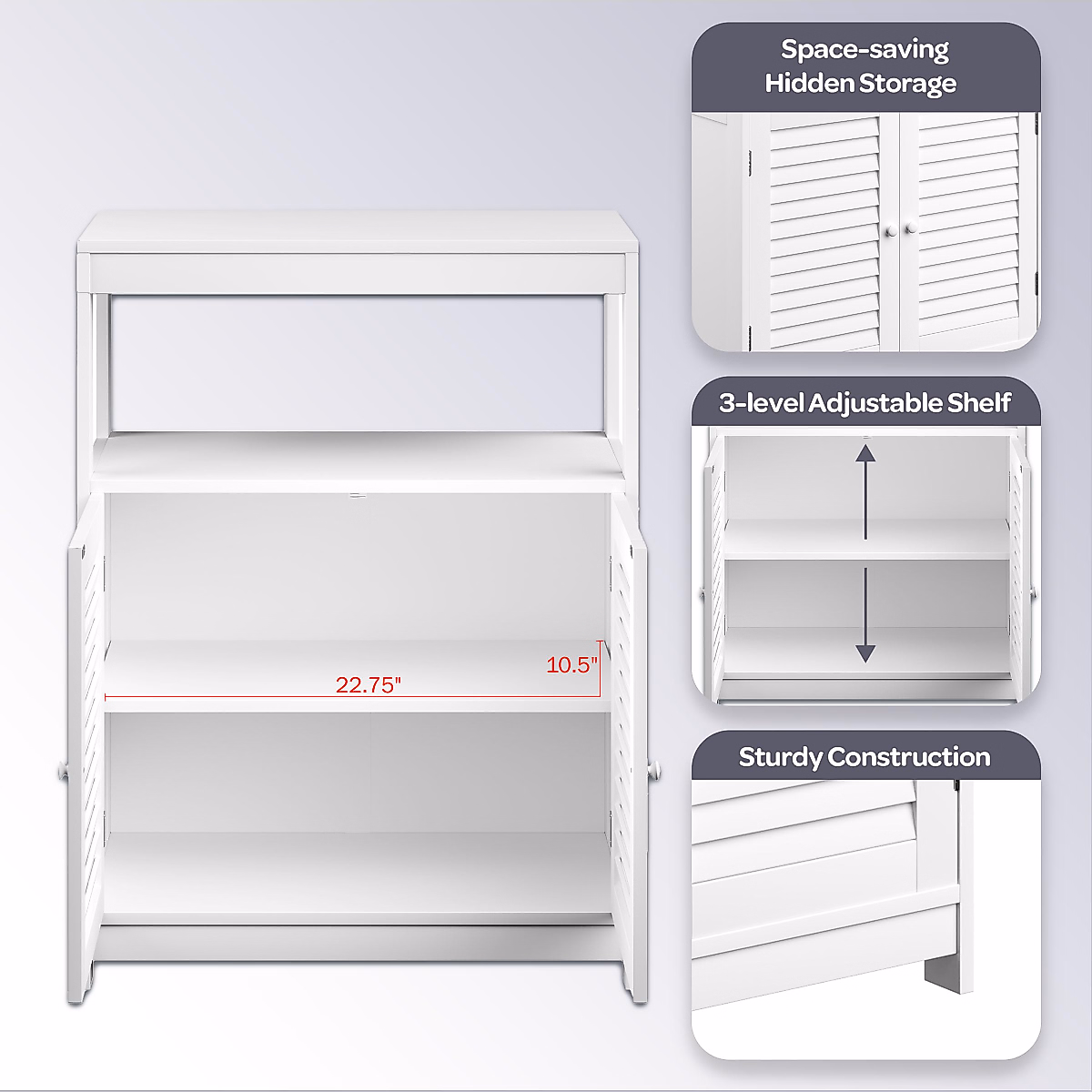 Lavish Home Storage Cabinet with Double Doors - Freestanding Kitchen, Laundry Room, or Restroom Organizer with Cupboard and Open Shelf (White)