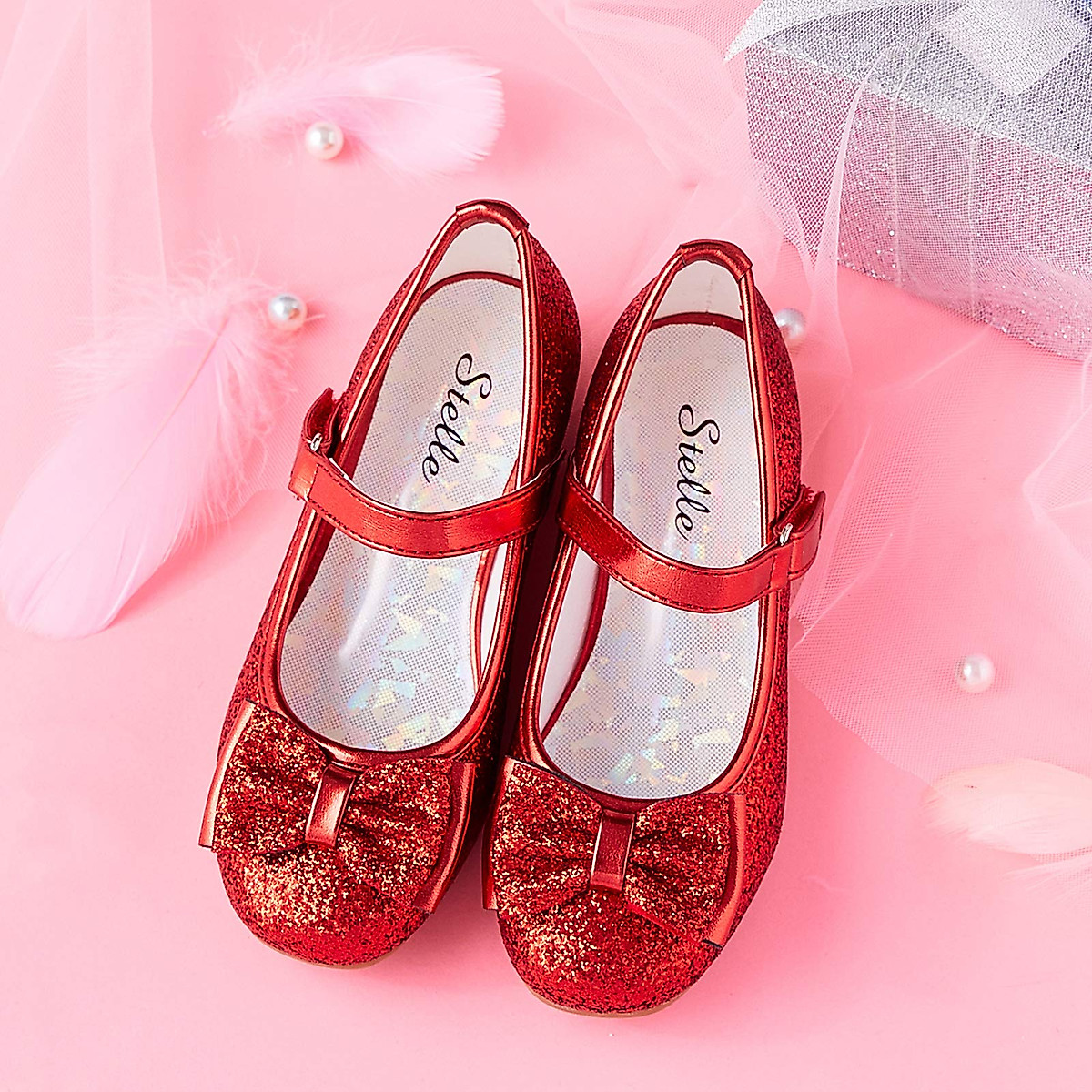 Stelle Girls Dress Shoes Glitter Princess Shoe Flower Mary Jane Low Heels Party Wedding Prom Footwear for Toddler Kids(T08-Red, 7MT)