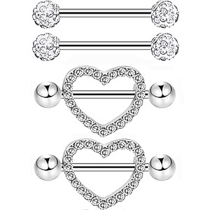 JOVITEC 2 Pairs Stainless Steel Nipple Ring CZ Barbell Rhinestone Nipple Studs for Nipple Tougue Body Piercing, 14 G (Silver)