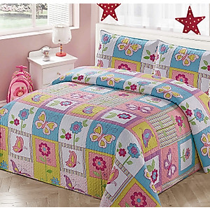 Kids Zone Home Linen Bedspread Coverlet Quilt Set for Girls Patchwork Butterfly Flowers White Purple Blue Green Pink (Twin)