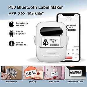 hycodest Thermal Label Printer P50 Wireless Bluetooth Portable Printer Label Maker Machine with Tape (50x30 mm, 200 pcs) Compatible with Android & iOS System, White