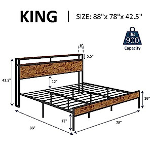 AMERLIFE King Size Bed Frame Industrial Platform Bed with Charging Station, 2-Tier Storage Headboard/No Box Spring Needed/Noise-Free/Dark Brown