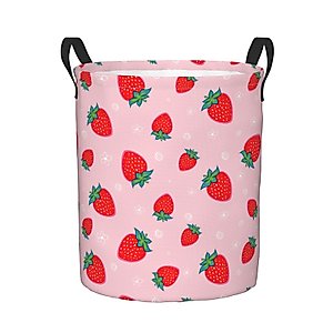 KiuLoam Pastels Pink With Red Strawberries 19.6 Inches Large Storage Basket Collapsible Organizer Bin Laundry Hamper for Nursery Clothes Toys