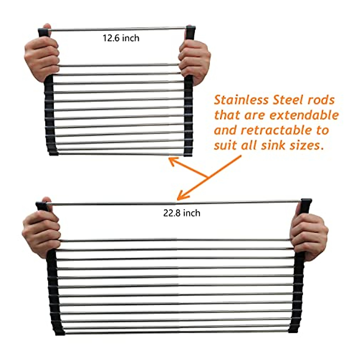 Cooktensil Roll Up Dish Drying Rack Stainless Steel Telescopic Over The Sink Drainer Extendable up to 22.8 inches (with Rectangle Basket)