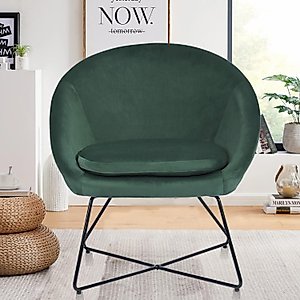 FurniutreR Mid-Century Living Room Velvet Chiar Single Sofa Comfy Upholstered Lounge Arm Leisure Accent Chair, Dark Green
