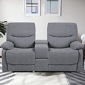 VUYUYU Reclining Sofa, Double Reclining Loveseat with Console, 2 Seater Sofa Home Theater Seating, Fabric Recliner Sofa Couches with Storage and Cup Holders (Gray)