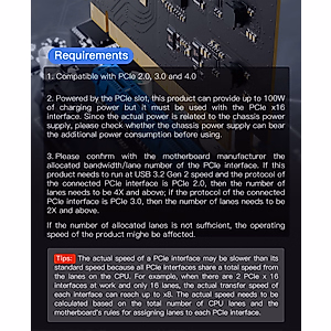 Inateck Power Supply USB PCIe Card Total 16 Gbps Bandwidth, USB 3.2 Gen 2, with 8 USB Ports KU8212