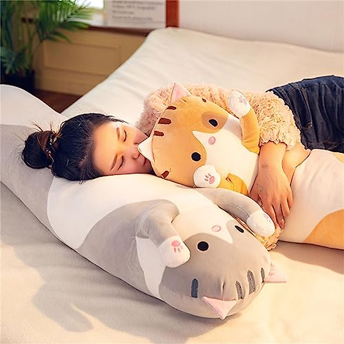 Cute SEENEEY Cat Pillow: Soft 50cm Cartoon Stuffed Animal Toy for Kids & Girls (Long Grey Cat)