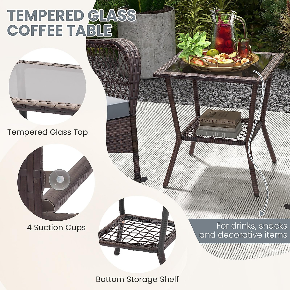 ORALNER 3 Pieces Patio Furniture Wicker Rocker Set, Outdoor Rocking Chairs with Cushions, Pillows, Glass Coffee Table, Rattan Bistro Set for Balcony Front Porch Poolside Garden Deck (Grey)