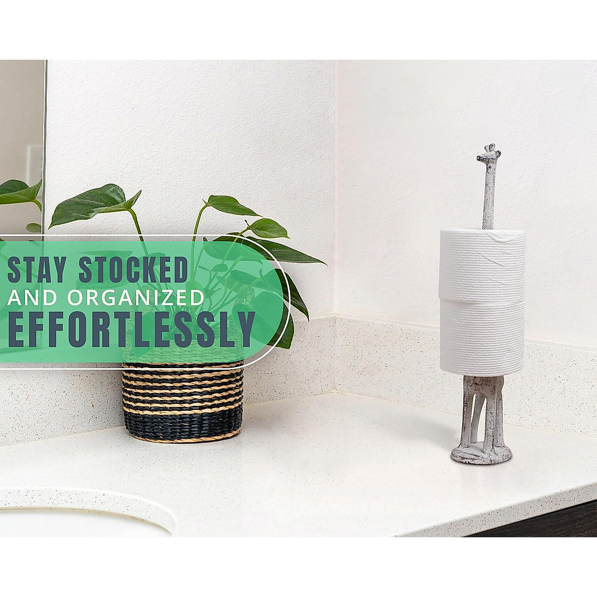 Paper Towel Holder or Free Standing Toilet Paper Holder- Cast Iron Giraffe Paper Holder - Decorative Bathroom Toilet Paper Holder or Stand Up Paper Towel Holder - Antique White by Comfify