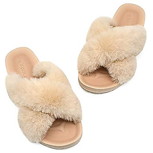 KuaiLu Womens furry ladies slides Open Toe Slippers cozy Lightweight Soft Yoga Mat Cross Band Slippers fluffy warm Slippers