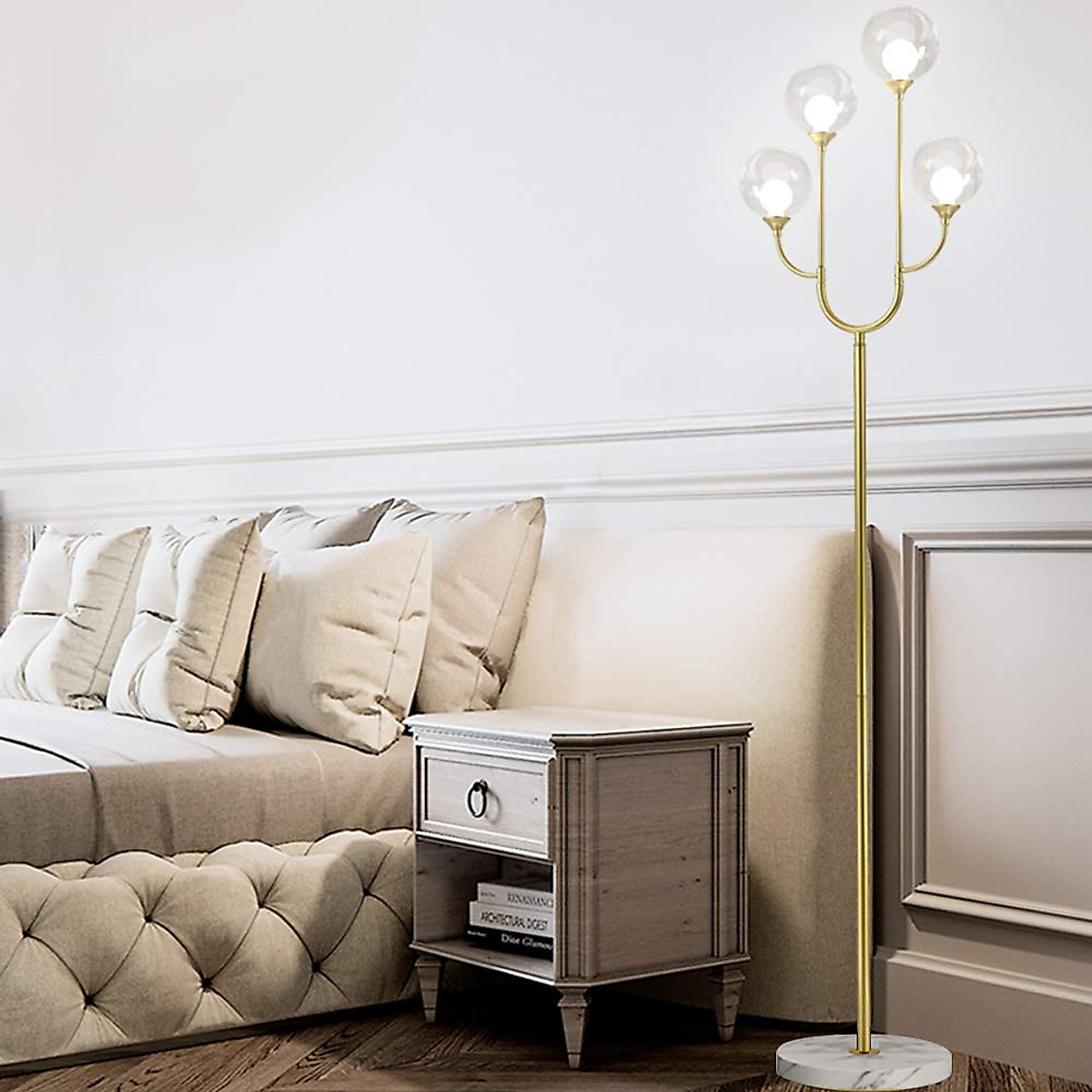 Hsyile Lighting KU300227 Brushed Brass Finish Modern Floor Lamp 4-Light with White Transparent Globes and Round Base - for Living Room,Bedroom,Living Room and Office