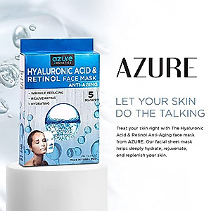 AZURE Hyaluronic Acid & Retinol Anti Aging Facial Mask - Dermatologist Tested - Rejuvenating & Hydrating Face Mask - Helps Reduce Fine Lines & Wrinkles, Smooths & Repairs - Korean Skin Care - 5 Pack