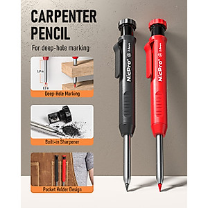 Nicpro Carpenter Pencil with Sharpener, Mechanical Pencils Set with 26 Refills, Deep Hole Marker for Construction, Heavy Duty Woodworking Pencils for Architect (Black, Red) - With Case