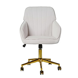 YISHENG Velvet Home Office Chairs with Gold Base Upholstered Tufted Modern Height Adjustable 360 Degree Swivel Desk Chairs with Wheels, Vanity Chairs for Living Room, Bedroom,Study Room (Cream)