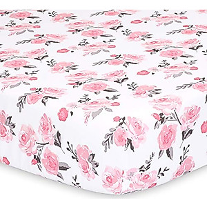 The Peanutshell Crib Sheet Set for Baby Girls, Pink Roses & Ditsy Floral, 2 Pack Set
