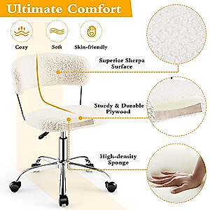 Giantex Home Office Chair, Faux Fur Low Back Swivel Leisure Chair w/Height Adjustable Padded Seat, Rolling Armless Vanity Chair w/Galvanized Steel Frame for Bedroom Study Guest Room, White