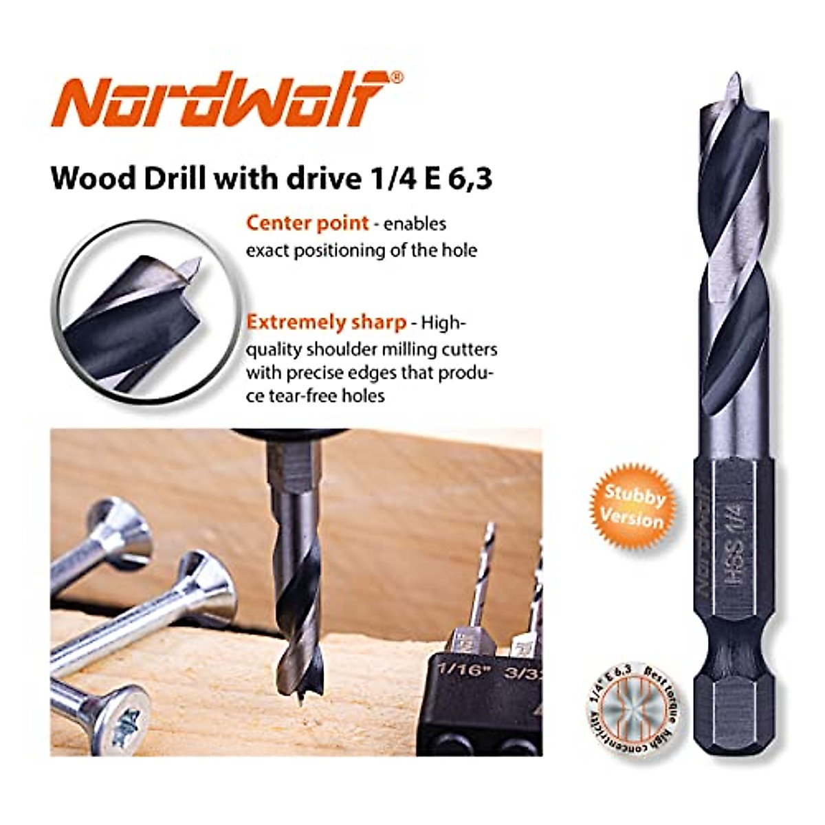 NordWolf 7-Piece HSS Brad Point Stubby Wood Drill Bit Set with 1/4" Hex Shank for Carpenter Woodworking, SAE Sizes 1/16"-3/32"-1/8"-3/16"-1/4"-5/16"-3/8"