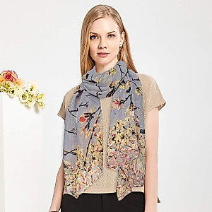 GERINLY Floral Birds Work Scarves for Womens Lightweight Cotton Shawls and Wraps Soft Thin Neckwear Head Scarf (Grey)