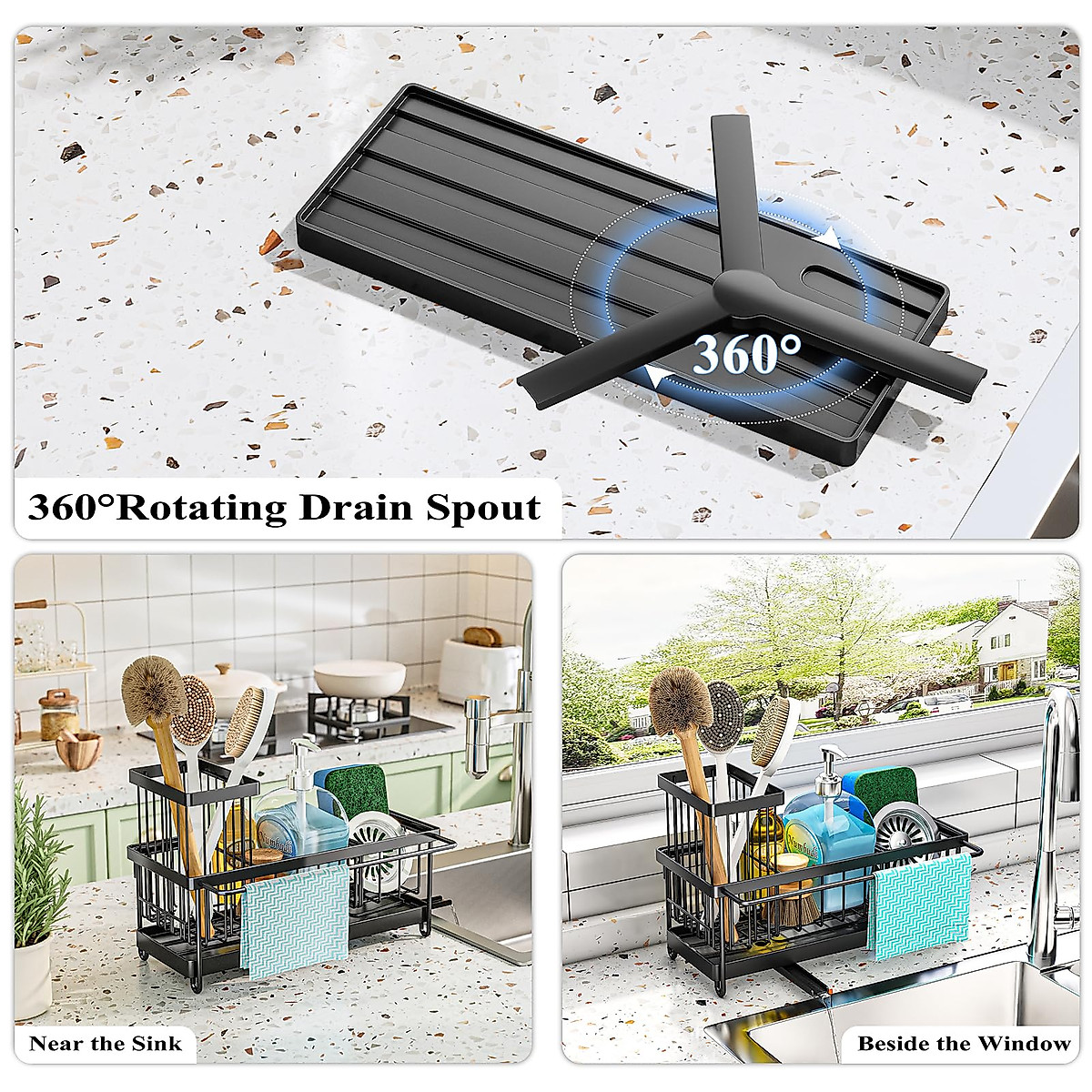 Spoge Holder for Kitchen Sink - Sink Caddy with Long Brush Holder & Divider, SUS304 Stainless Steel Kitchen Sink Organizer, Dish Soap Dispenser Kitchen Organization and Storage Accessories