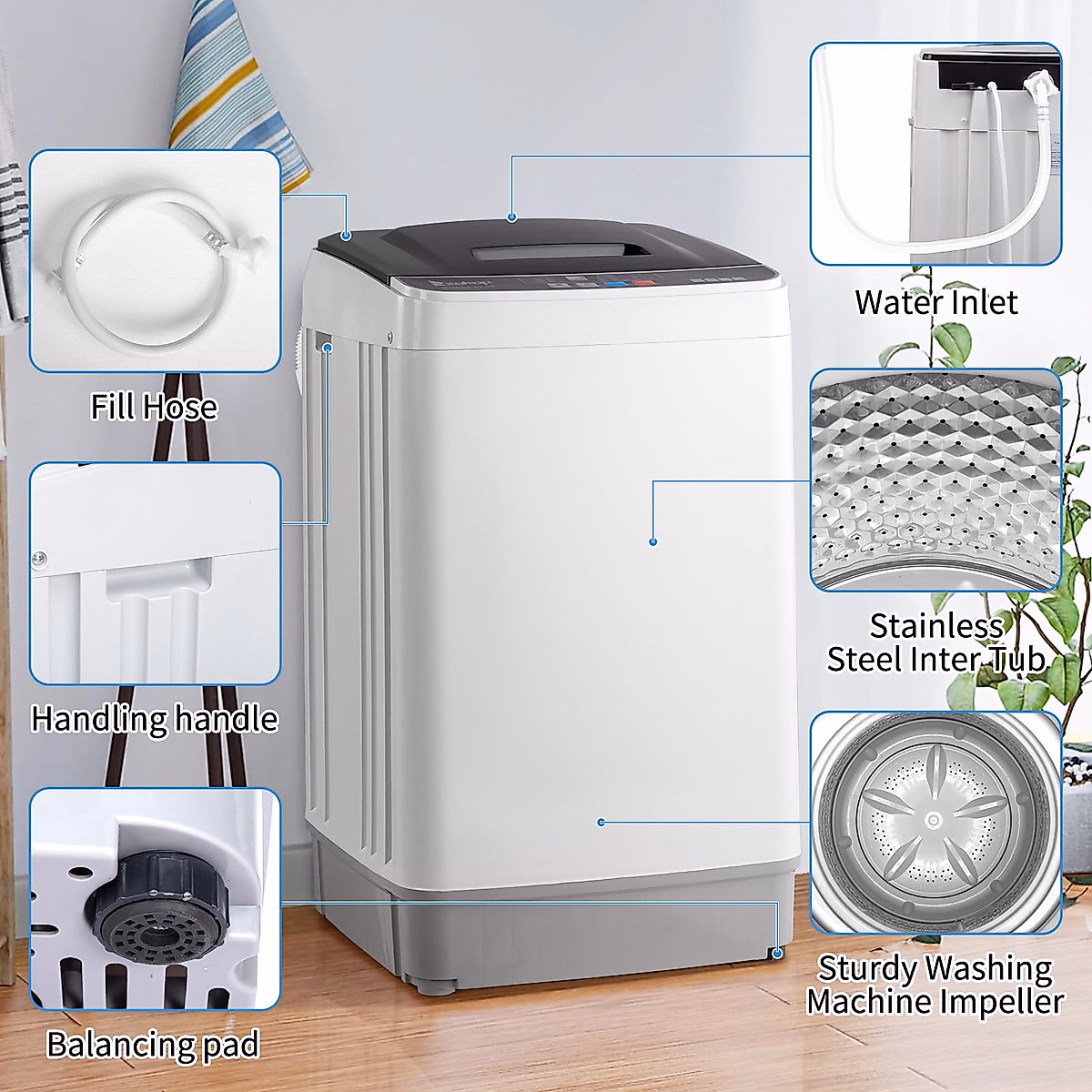 Winado Full Automatic Washing Machine, 17.6Lbs Top Load Portable Washer with Drain Pump, 10 Wash Programs 8 Water 2 in 1 Washer and Dryer for Apartments, RV, Camping