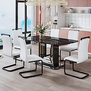 WOXYX Minimalist and Luxurious Dining Table with Black Imitation Marble Pattern Desktop. MDF tablelegs with Gold Lines and Base