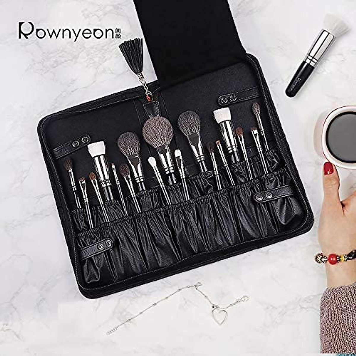 Rownyeon Professional Makeup Brushes Organizer Bag Makeup Artist Cosmetic Case Leather Handbag Black Travel Portable(Only Bag)