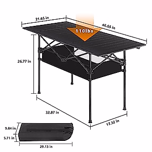 Folding Camping Table Folding Outdoor Table, 46.6 * 21.65 * 26.77in Picnic Table, Portable Camping Table, Aluminum Roll-Up Top, Camp Table with Easy Carry Bag for Outdoor Travel Backyards BBQ(Black)