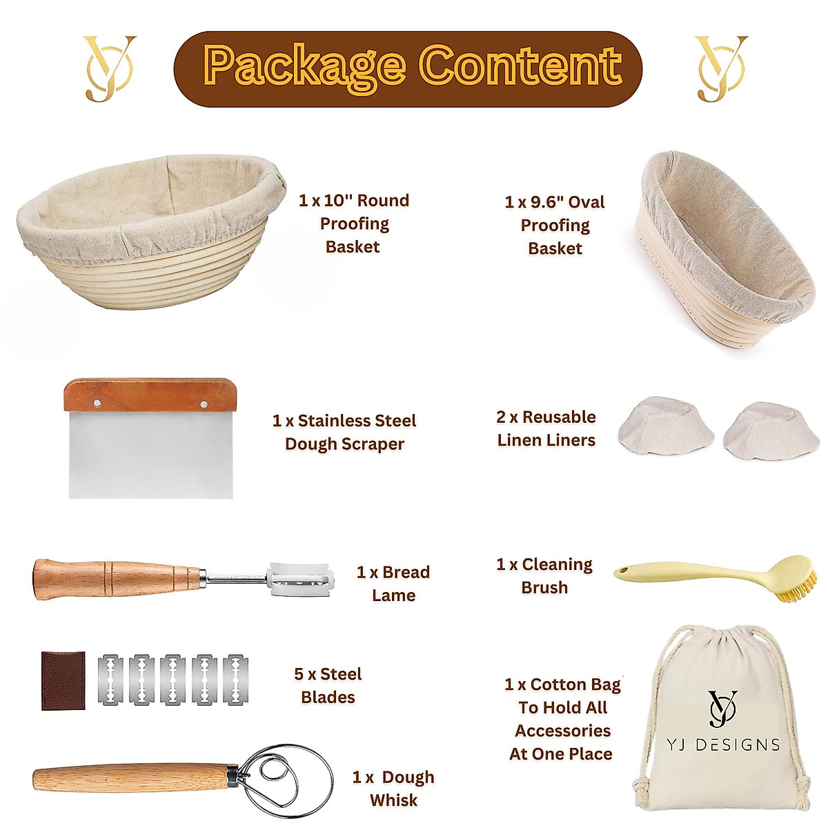 YJ DESIGNS 10 Pieces Banneton Bread Proofing Basket Set of 2-10" Round & 9.6" Oval - Sourdough Bread Baking Supplies - Bread Making Tools and Supplies - Sourdough Starter Kit - Bread Proofer