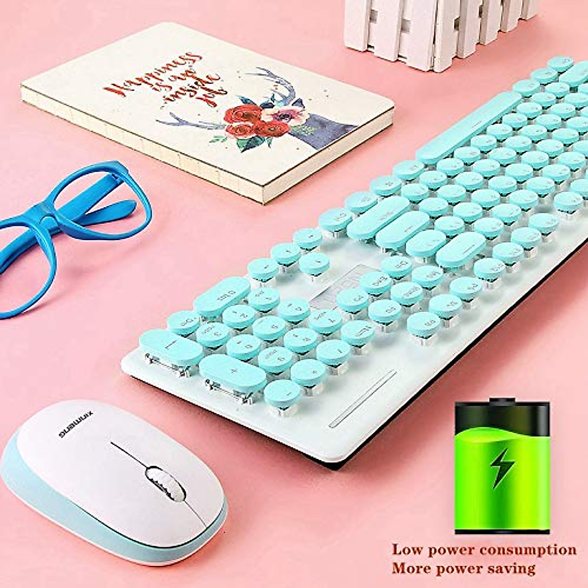CORN Technology N520 Ergonomic Design, Retro Chiclet Round Keycaps, 2.4GHz Wireless Connectivity Silent Typing Keyboard and 1600DPI Mouse Combo for Office and Game (Blue)