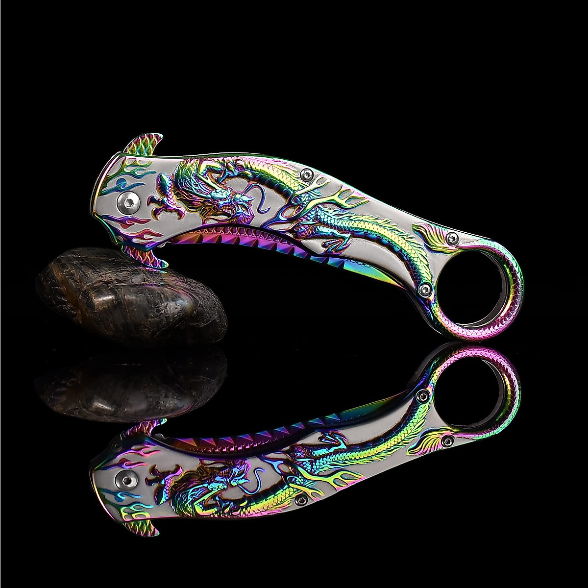 Vividstill Pocket Knife for Men, Cool Folding Knife With Embossed 3D Dragon Relief, Great Gift Edc Knife For Men Outdoor Survival Camping Hiking (Rainbow)