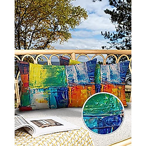 Outdoor Throw Pillow Covers, Colorful Oil Painting Outdoor Waterproof Pillowcases, Pillow Cushions for Patio Furniture Sofa Couch Chairs ( Abstract Art, 20x12inch )