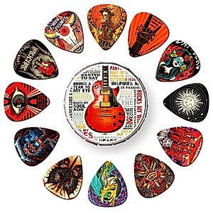 Guitar Picks 24 Pack Thin, Medium, Heavy & Extra Heavy Picks with Tin Box,Variety Pack Artistic Celluloid Guitar Pick for Bass Electric Guitar Acoustic Guitar Lovers Gift (Mix-2)