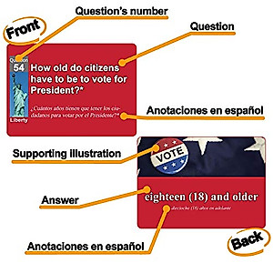 US Citizenship test civics flash cards for the naturalization exam with all official 128 USCIS questions and answers. Illustrated Pocket Box set flashcards to help study for the American Civics