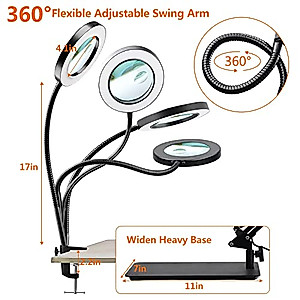 5X&10X Magnifying Glass with Light and Stand, KUVRS Flexible Magnetic Helping Hand, Large Base&Clamp Magnifying Lamp, 3 Color Adjustable Arm Desk Magnifying Glass with Light for Soldering Craft Hobby