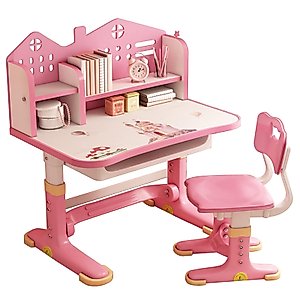 NEREIDS NET Kids Desk Chair Set,Small Desk,Standing Desk, Desk Chair Set Widened Children Desktop Height Adjustable School Study Desk with Castle Backboard,Bookstand and Storage Drawer Pink